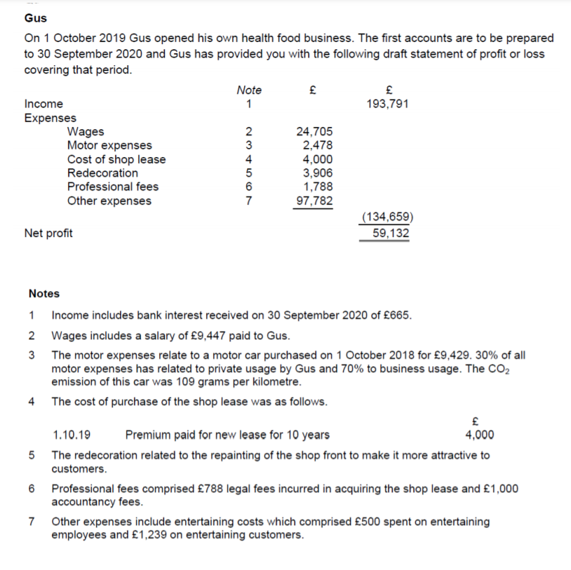 Solved Gus On 1 October 2019 Gus opened his own health food | Chegg.com