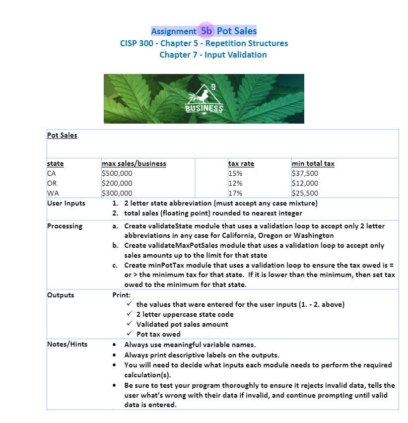 Solved Assignment 5b Pot Sales CISP 300 - Chapter 5 - | Chegg.com