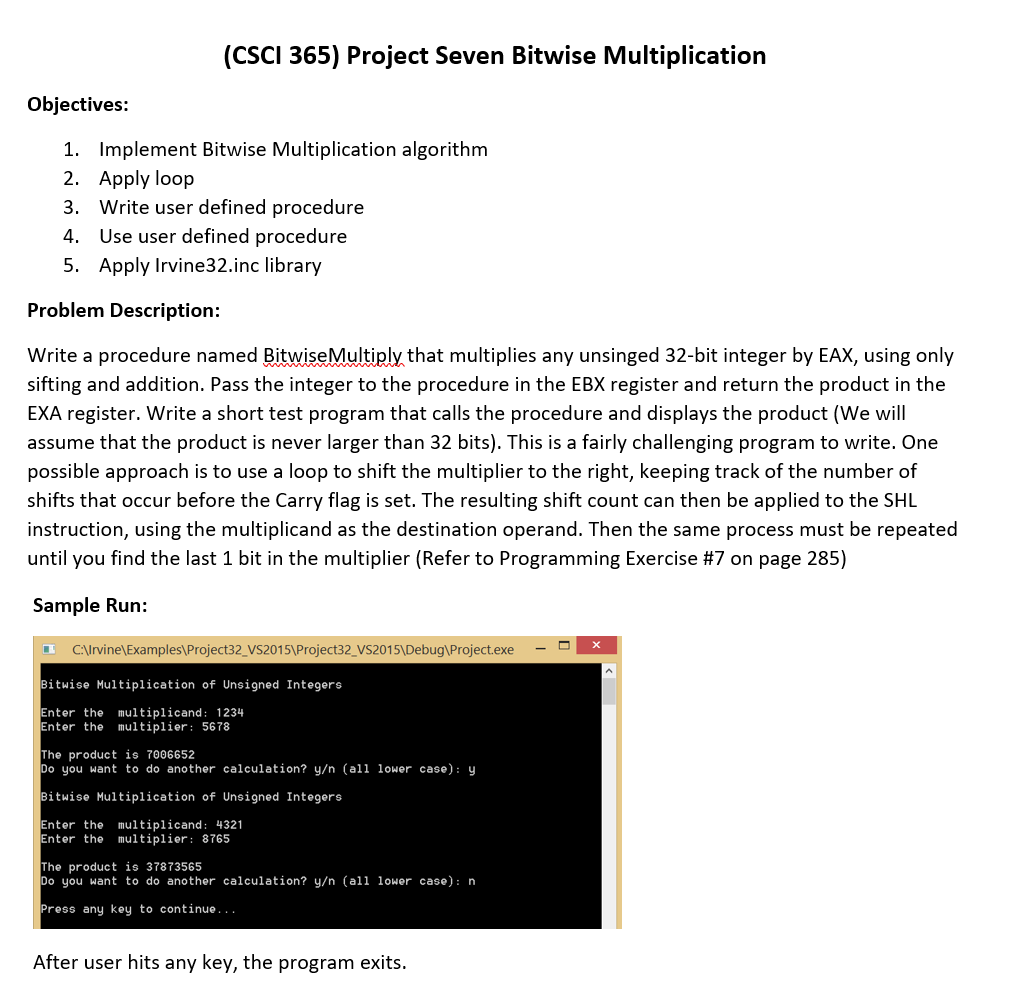 Solved (CSCI 365) Project Seven Bitwise Multiplication | Chegg.com
