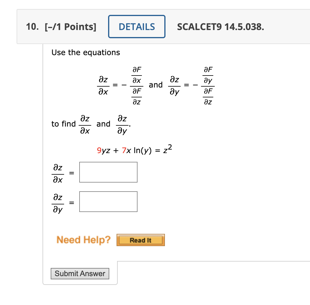 Solved -/1 Points] SCALCET9 14.5.038. Use the equations | Chegg.com