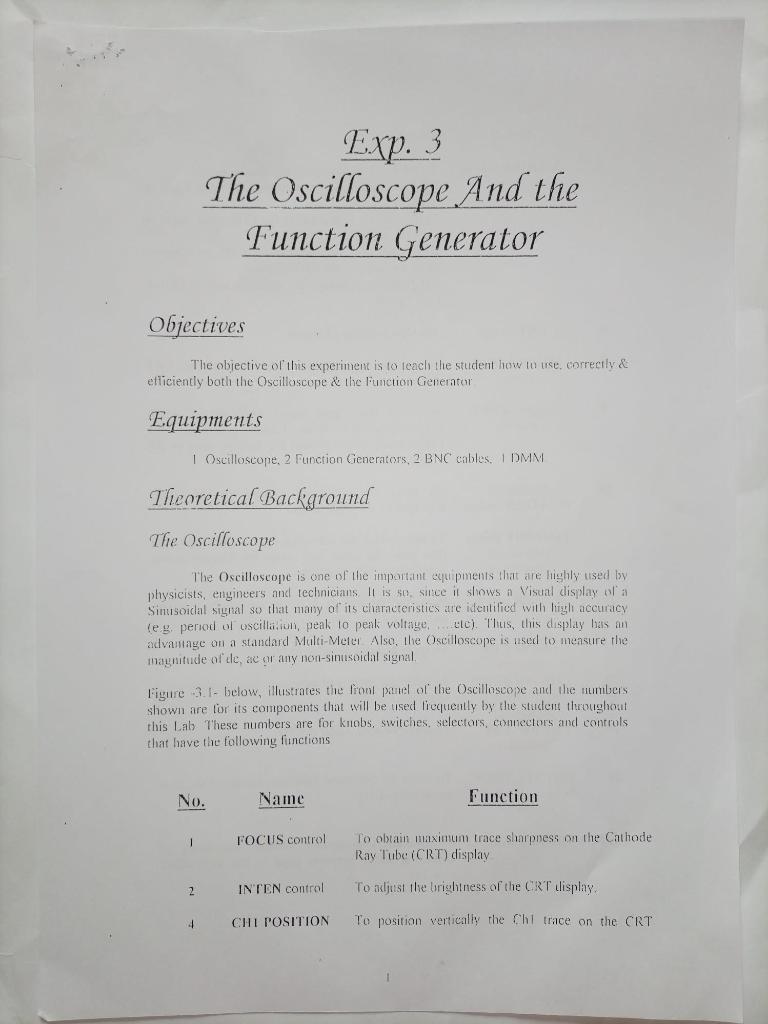 Exp. 3 The Oscilloscope And the Function Generator | Chegg.com