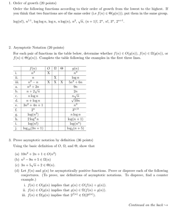 Solved 1. Order of growth (20 points) Order the following | Chegg.com