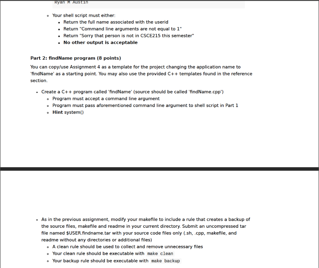 CSCE 215 - Unix/Linux Fundamentals Final Project - 15 | Chegg.com