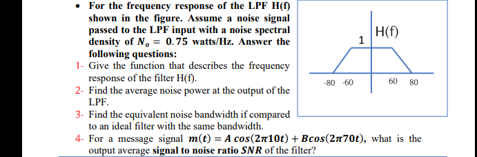 Solved For the frequency response of the LPF H(f) shown in | Chegg.com
