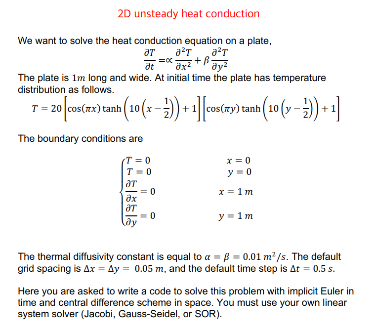 Solved 2d Unsteady Heat Conduction We Want To Solve The Heat