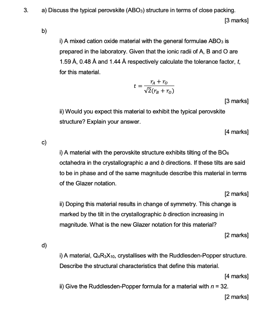 Solved 3. a) Discuss the typical perovskite (ABO3) structure | Chegg.com