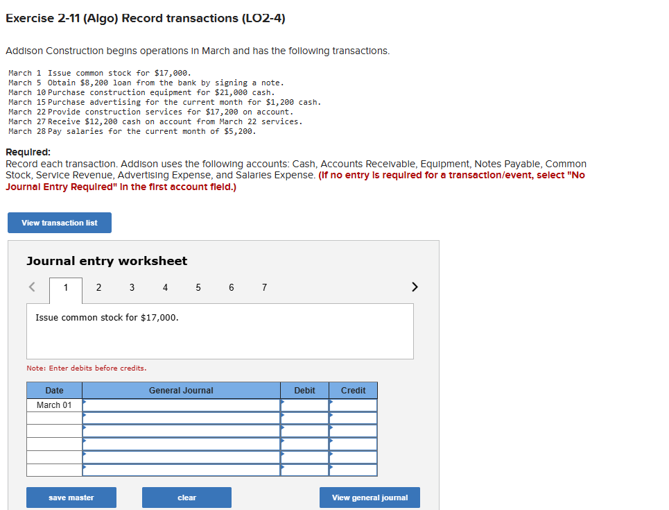 Solved Exercise 2-11 (Algo) ﻿Record transactions | Chegg.com