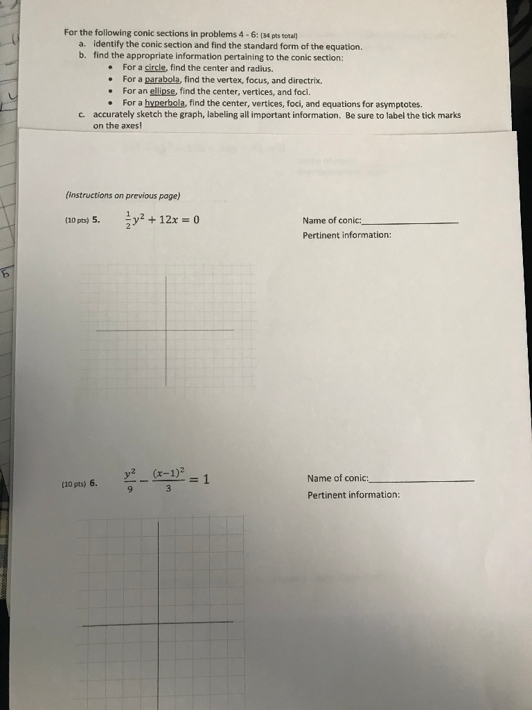 Solved For the following conic sections in problems 4 - 6: | Chegg.com