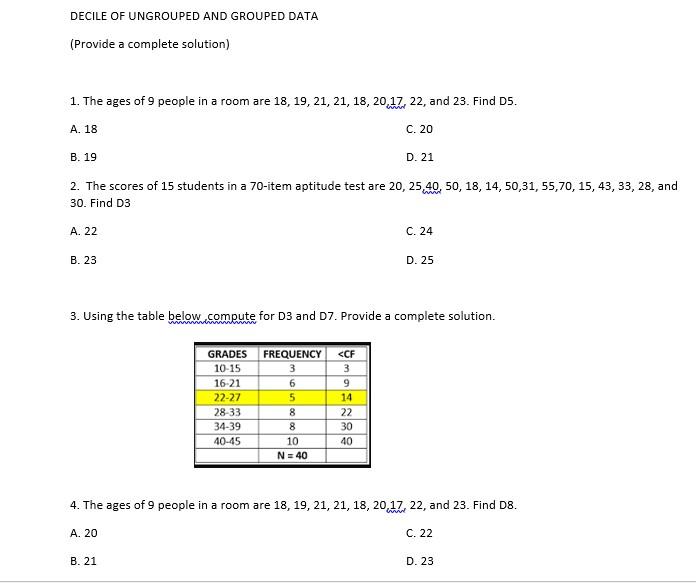 Solved DECILE OF UNGROUPED AND GROUPED DATA (Provide a | Chegg.com