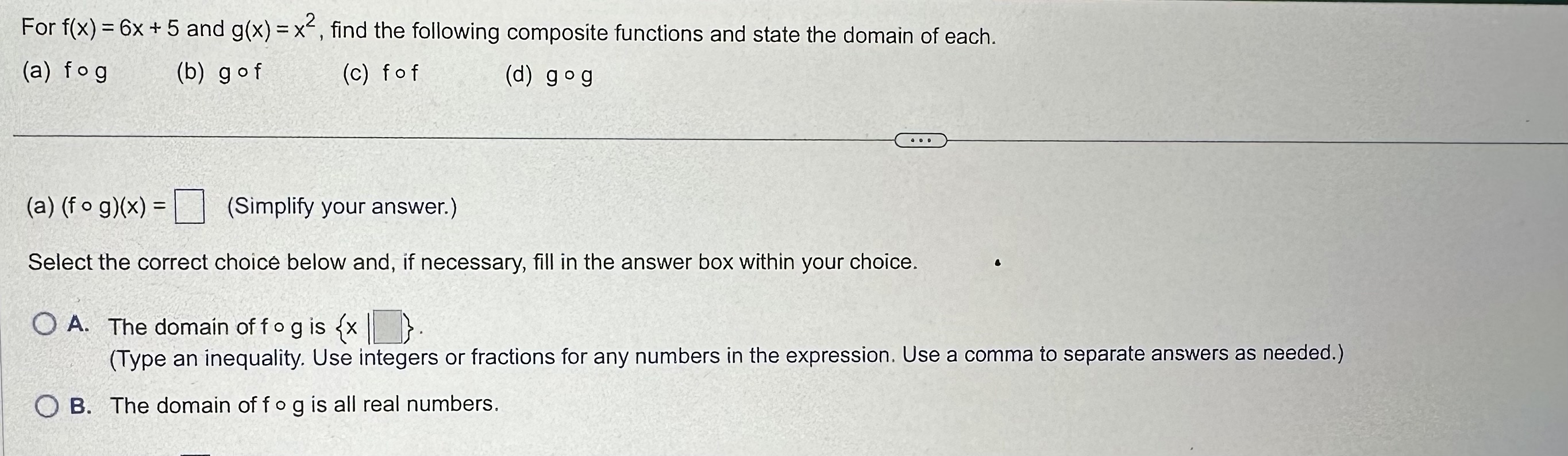 Solved For f(x)=6x+5 and g(x)=x2, find the following | Chegg.com