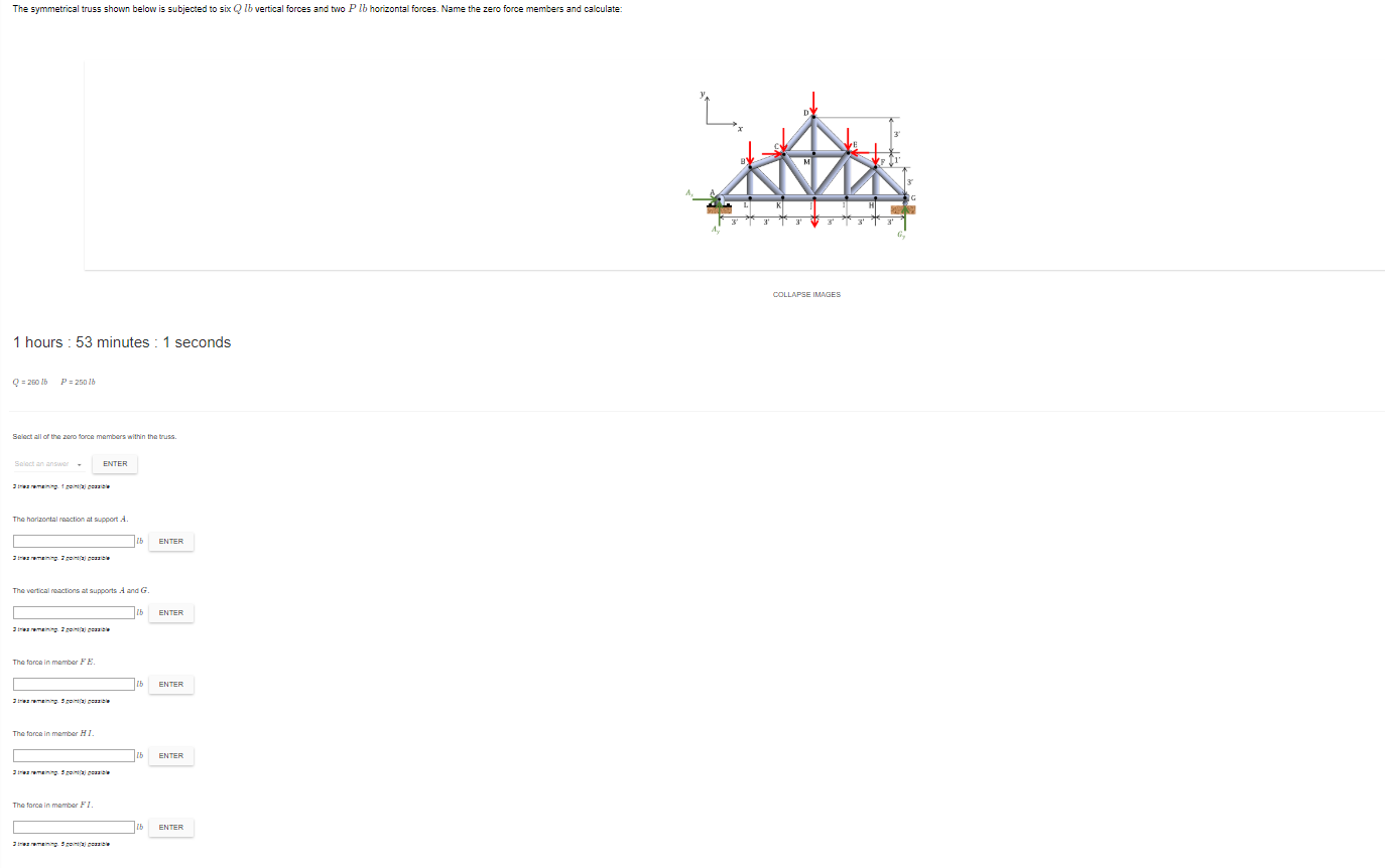 Solved The symmetrical truss shown below is subjected to six | Chegg.com