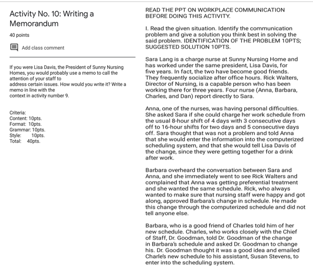 Solved Activity No. 10: Writing a Memorandum 40 points Add | Chegg.com