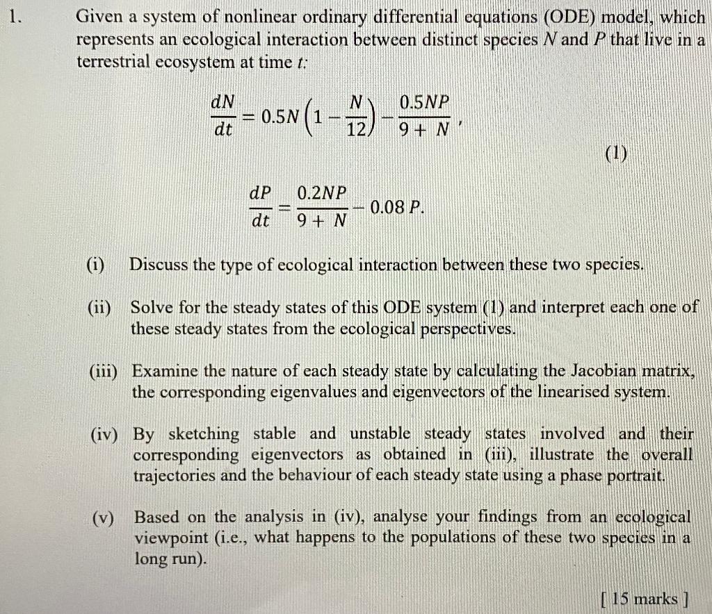 Solved 1. Given a system of nonlinear ordinary differential | Chegg.com
