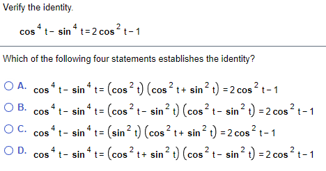 Solved Verify the identity sin O. sec 0. cot 0= 1 Which of | Chegg.com