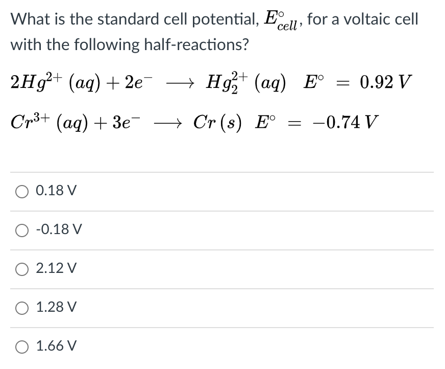 Solved What is the standard cell potential, Ecell, for a | Chegg.com