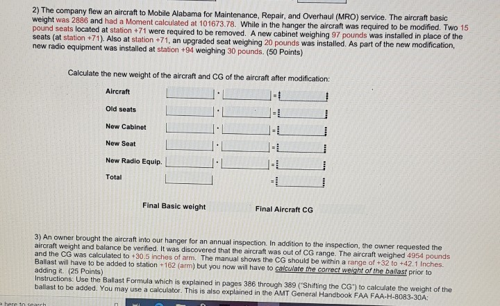 Solved Weight and Balance Worksheet (You may use a | Chegg.com