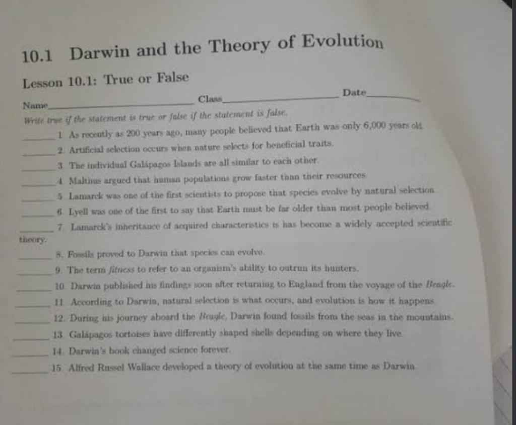 Solved 10.1 Darwin and the Theory of Evolution Lesson 10.1: | Chegg.com