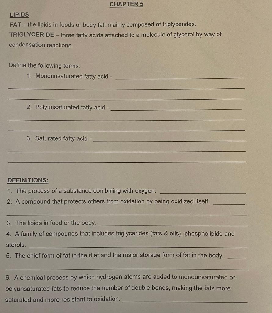 Solved CHAPTER 5 LIPIDS FAT - the lipids in foods or body | Chegg.com