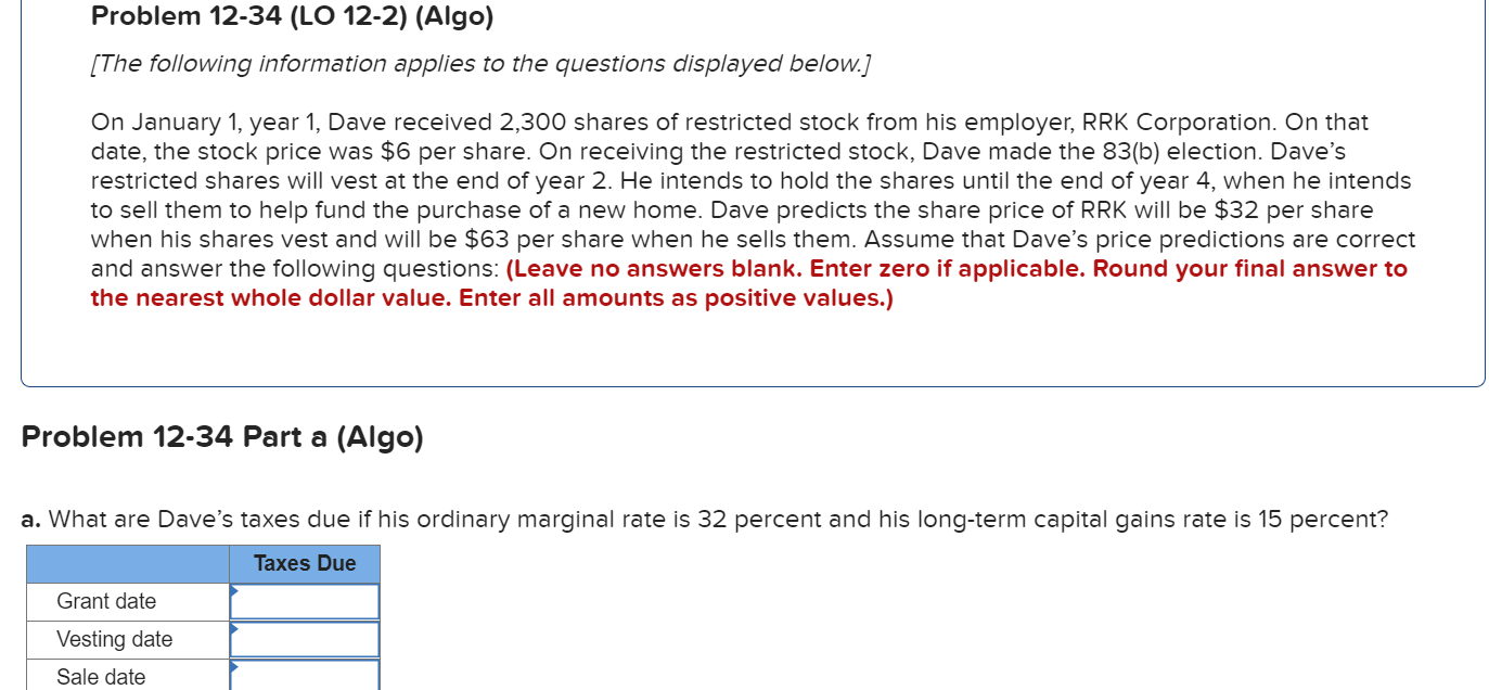 Solved Problem 12-34 (LO 12-2) (Algo) [The following | Chegg.com
