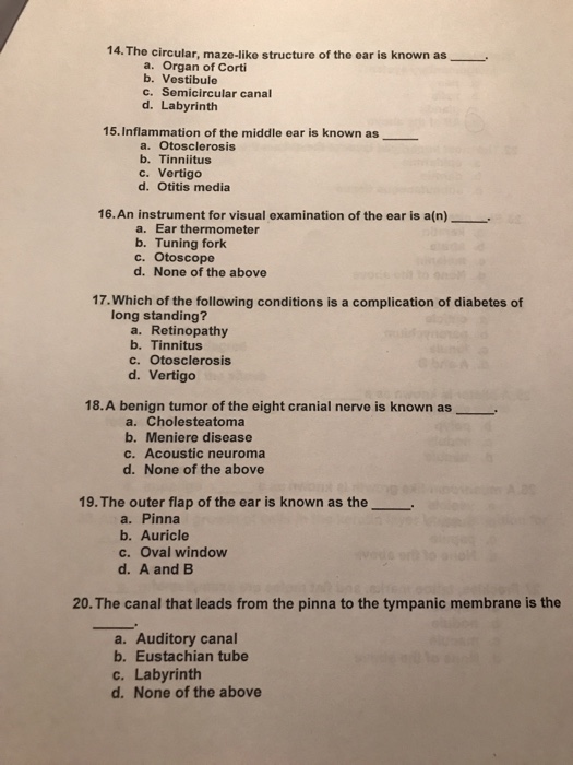 Solved 14. The circular, maze-like structure of the ear is | Chegg.com