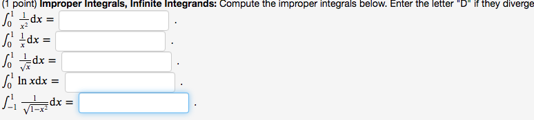 Solved (1 point) Improper Integrals, Infinite Integrands: | Chegg.com