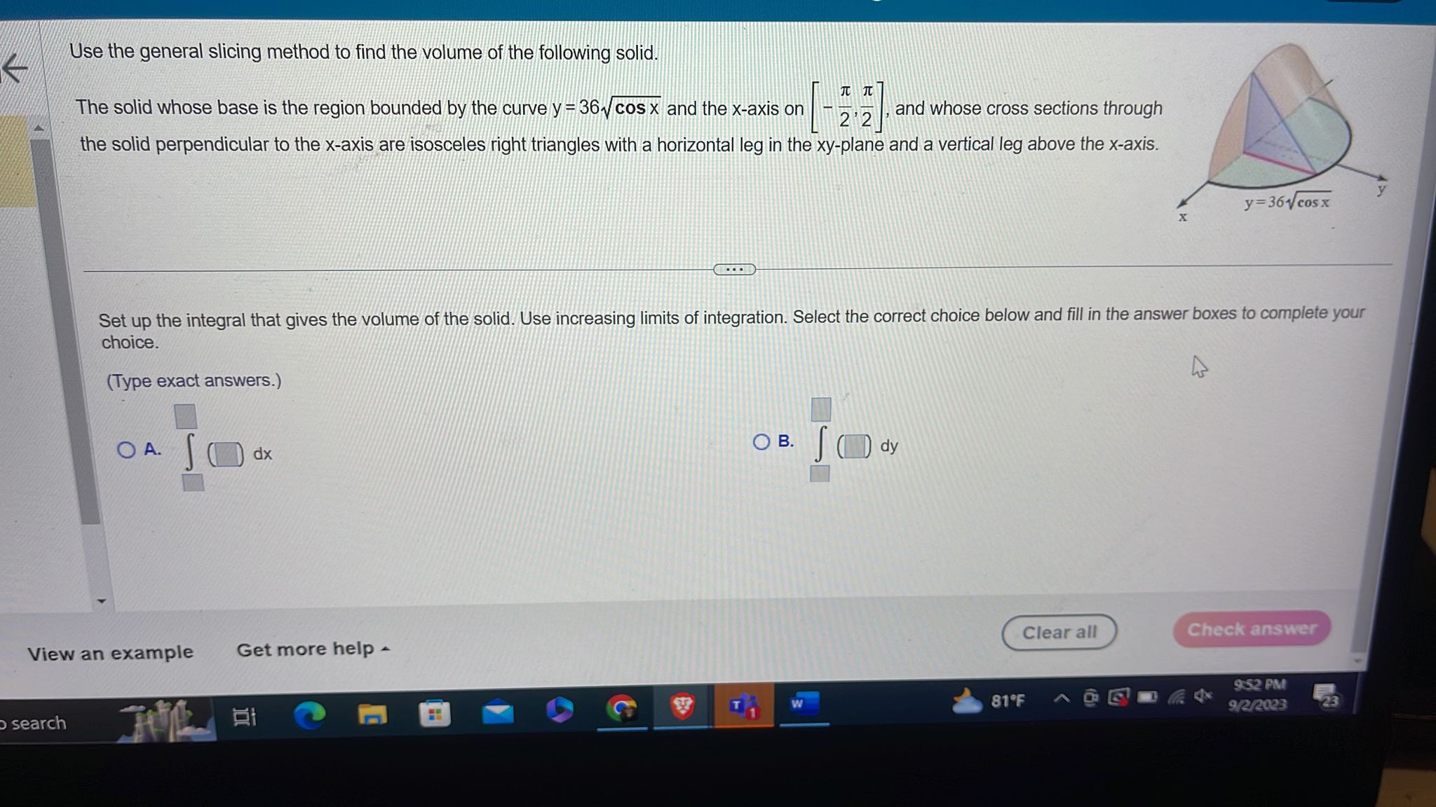 Solved Use the general slicing method to find the volume of | Chegg.com