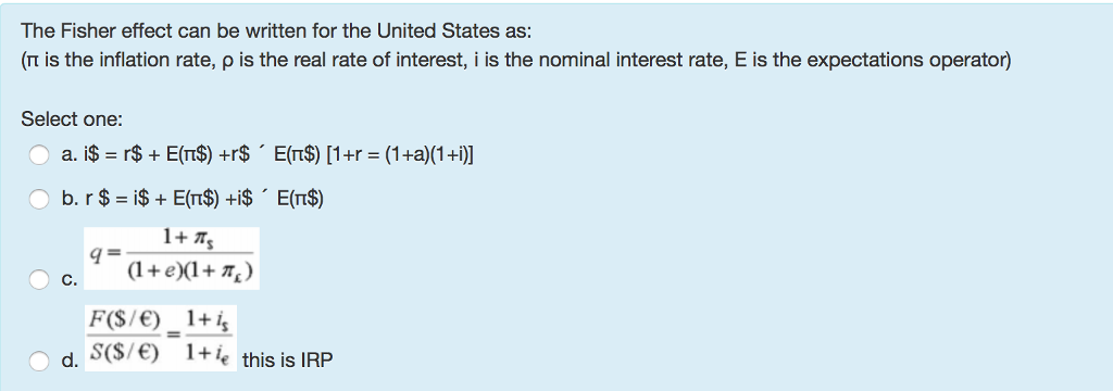 Solved The Fisher effect can be written for the United | Chegg.com
