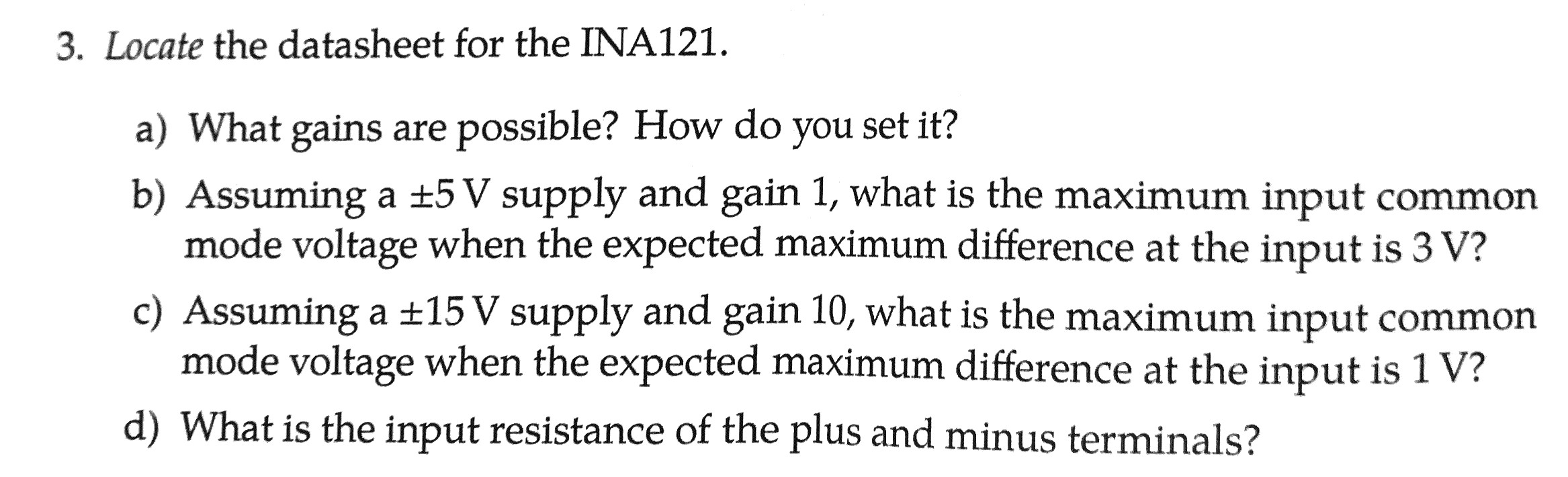 3. Locate the datasheet for the INA121. set it? a) | Chegg.com