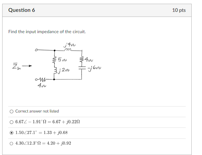 Solved Find the input impedance of the circuit. Correct | Chegg.com