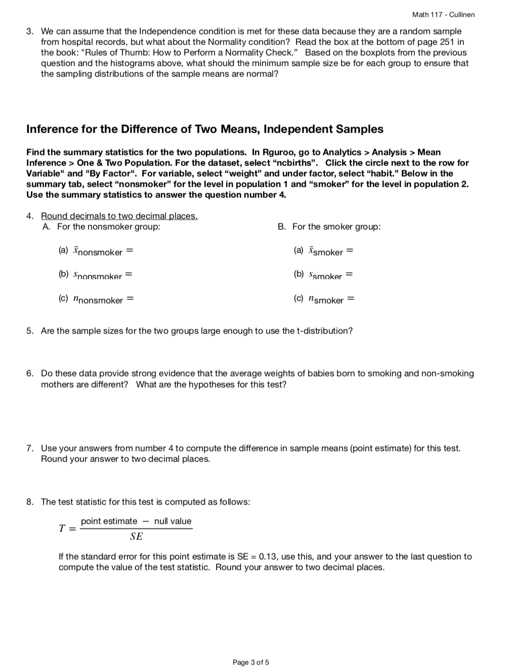 Math 117 - Cullinen Lab #3: Inference for Numeric | Chegg.com