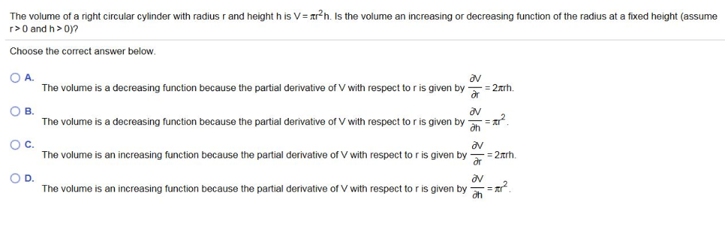 Solved The volume of a right circular cylinder with radius r | Chegg.com