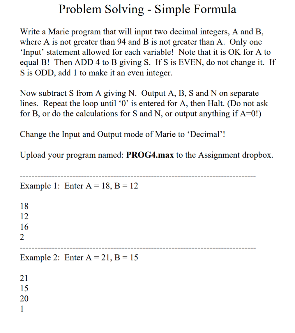 Write a Marie program that will input two decimal | Chegg.com