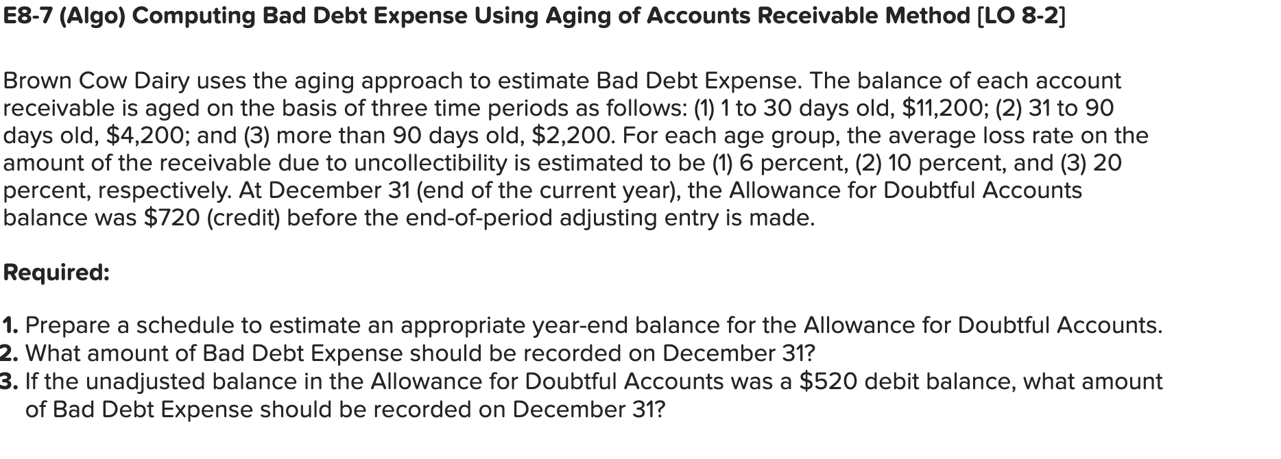 Solved E8-7 (Algo) Computing Bad Debt Expense Using Aging of | Chegg.com
