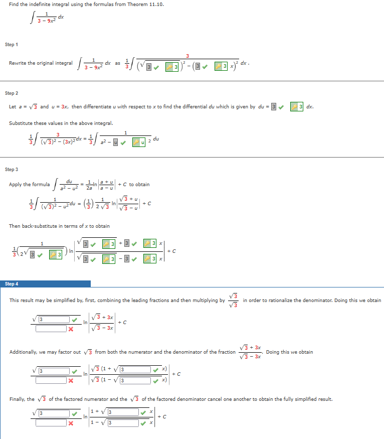 Solved Step 3Apply the formula ∫﻿﻿dua2-u2=12aln|a+ua-u|+C to | Chegg.com
