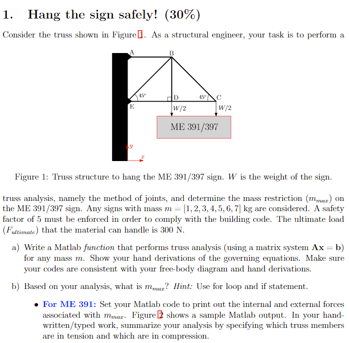 Solved 1. Hang the sign safely! (30%) Consider the truss | Chegg.com
