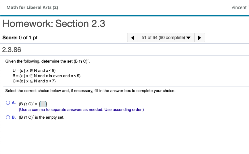 Solved Math for Liberal Arts (2) Vincent Homework: Section | Chegg.com