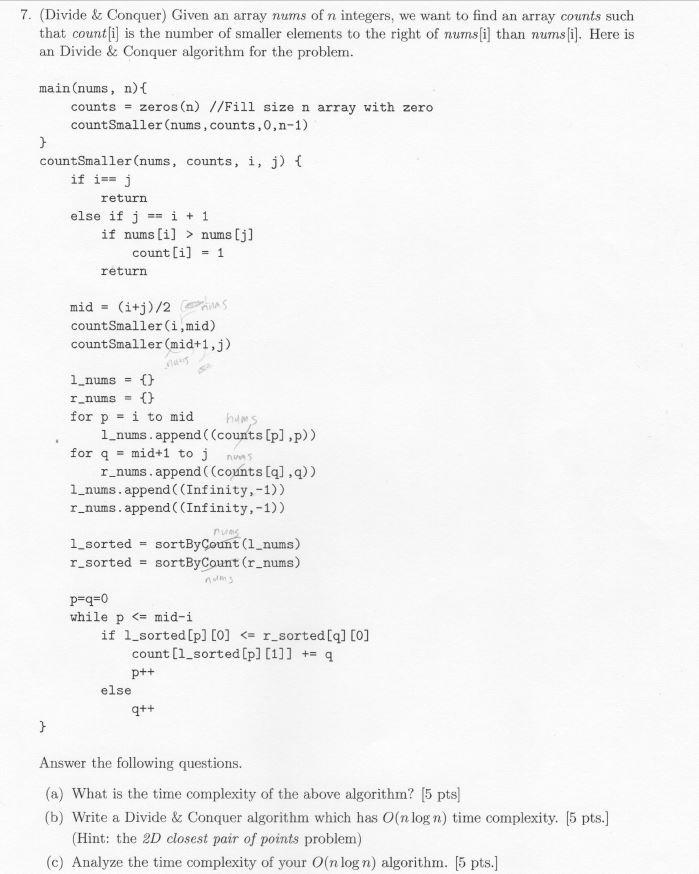 7. (Divide & Conquer) Given an array nums of n | Chegg.com