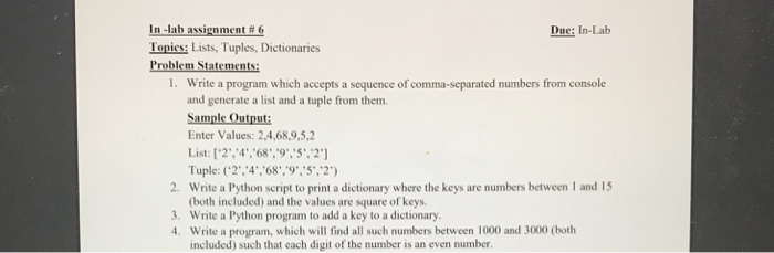 Solved in-lab assignment # 6 Topics: Lists, Tuples, | Chegg.com