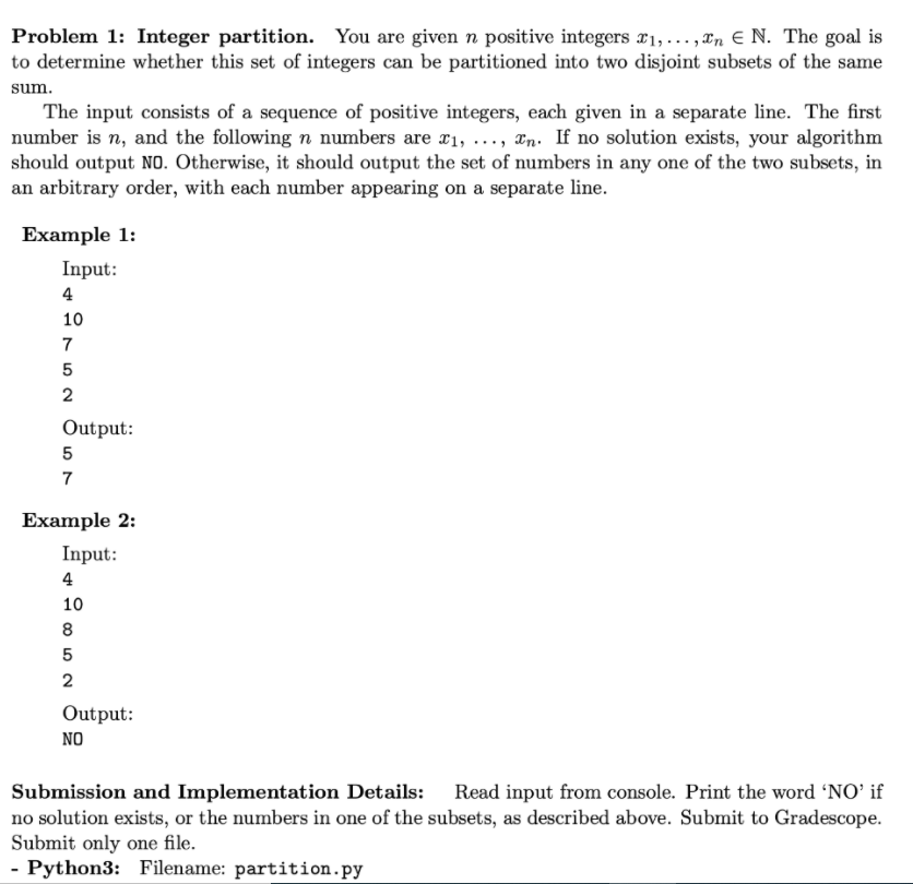 Solved Problem 1: Integer partition. You are given n | Chegg.com