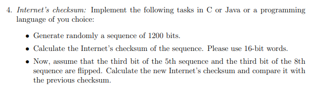 Solved 4. Internet's checksum: Implement the following tasks | Chegg.com