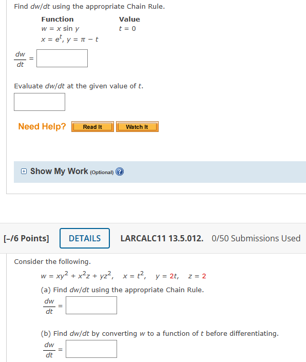 Find dw/dt using the appropriate Chain Rule. dtdw= | Chegg.com