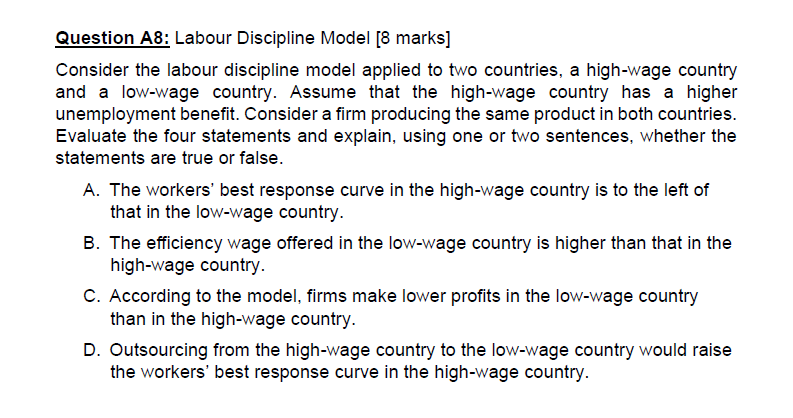 Solved Question A8: Labour Discipline Model (8 marks] | Chegg.com