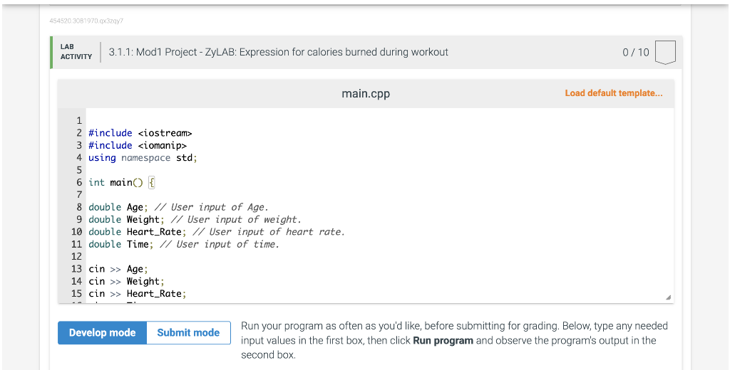 Solved 3.1 Mod1 Project - ZyLAB: Expression for calories | Chegg.com