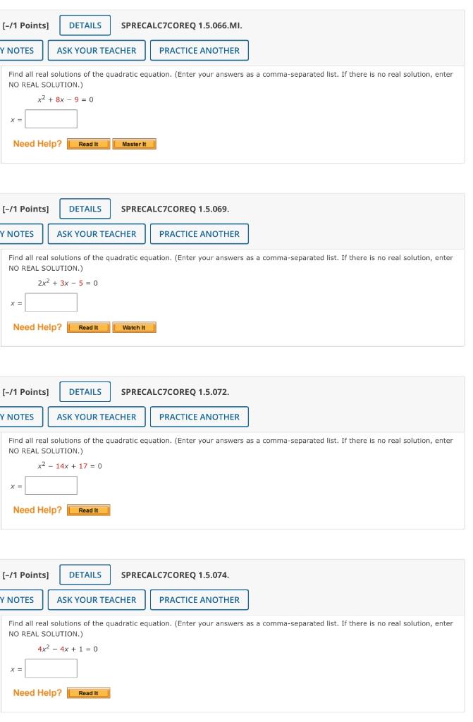 Solved [-/1 Points] SPRECALC7COREQ 1.5.066.MI. Find all real | Chegg.com