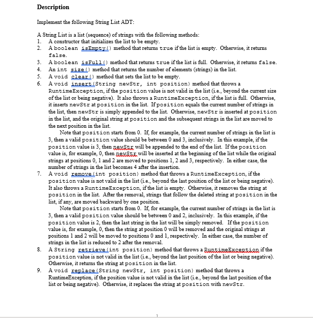Description Implement the following String List ADT: | Chegg.com