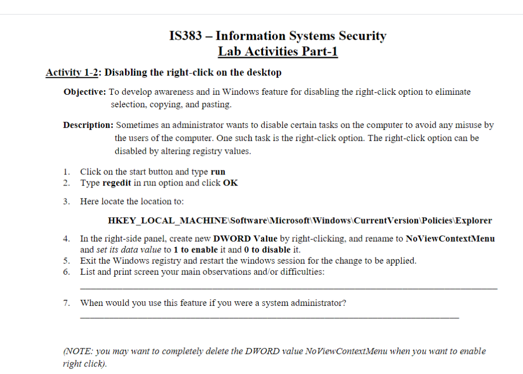 Solved Lab Activities Part-1 Activity 1-2: Disabling the | Chegg.com
