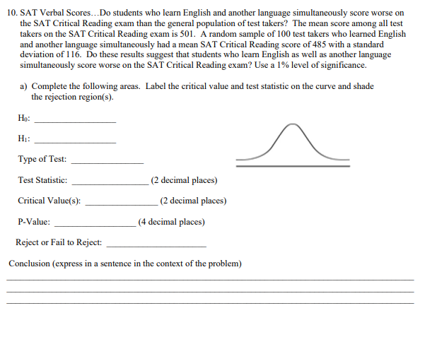 Solved 10. SAT Verbal Scores. Do students who learn English | Chegg.com