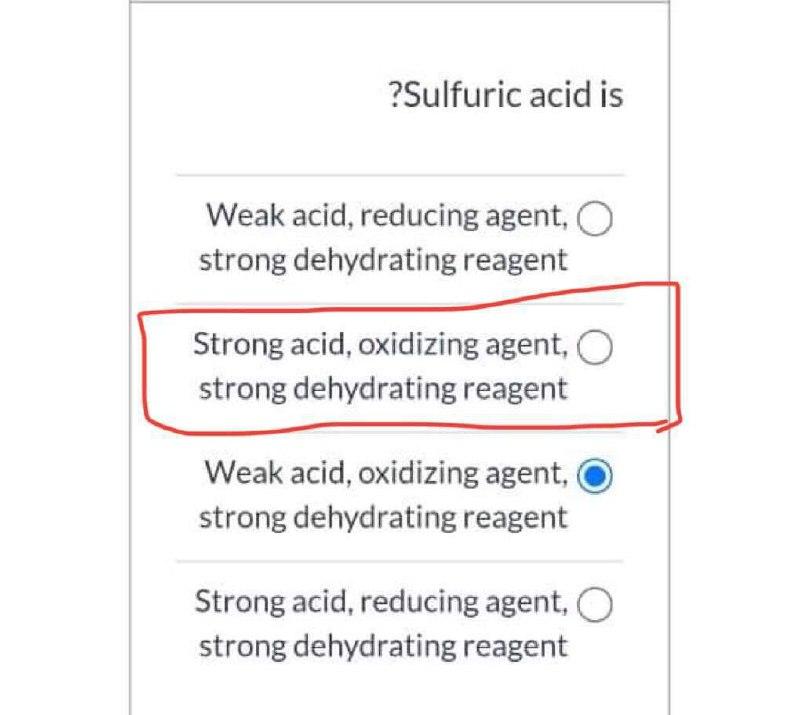 Solved ?Sulfuric acid is Weak acid, reducing agent, O strong | Chegg.com