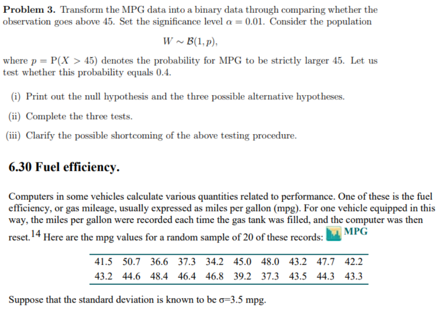 Problem 3. Transform the MPG data into a binary data | Chegg.com
