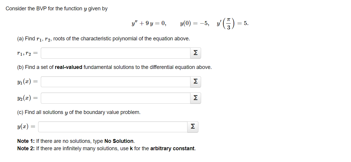 Solved Consider the BVP for the function y given by y" + 9 | Chegg.com